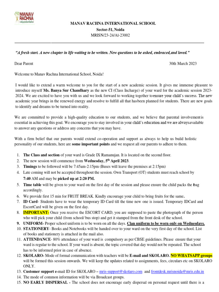 Welcome Letter-GRADE IX | PDF