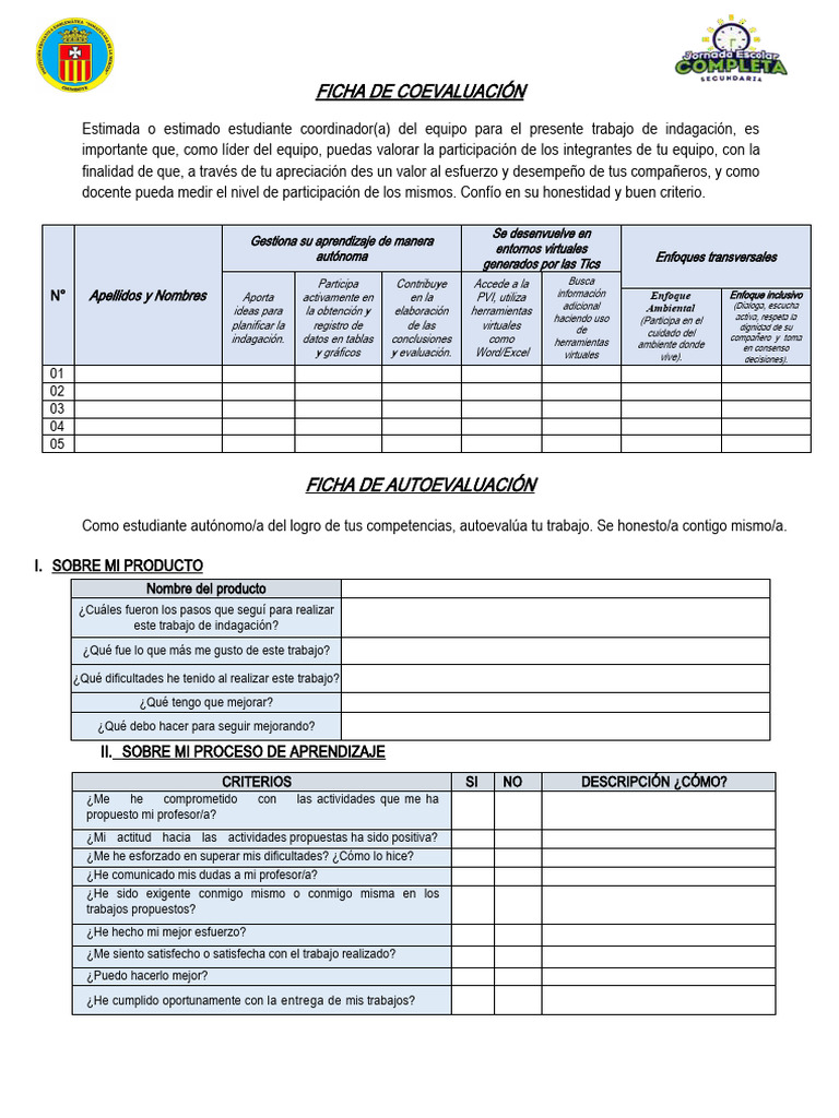Ficha de Coevaluación y Autoevaluación | PDF