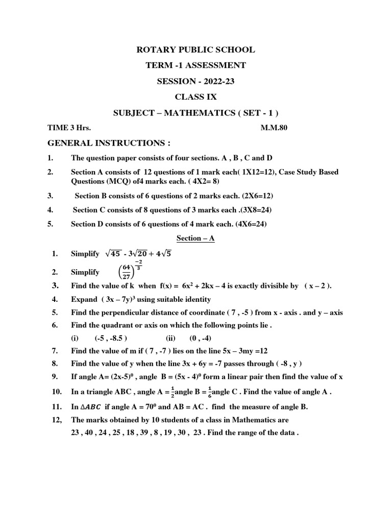 Term 1 Assessment Ix Maths 2022-23-2 | PDF