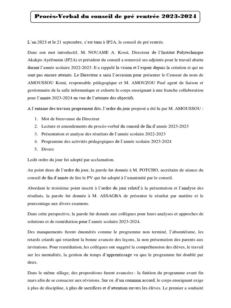Proces Verbal Conseil - de - Pre - Rentree | PDF