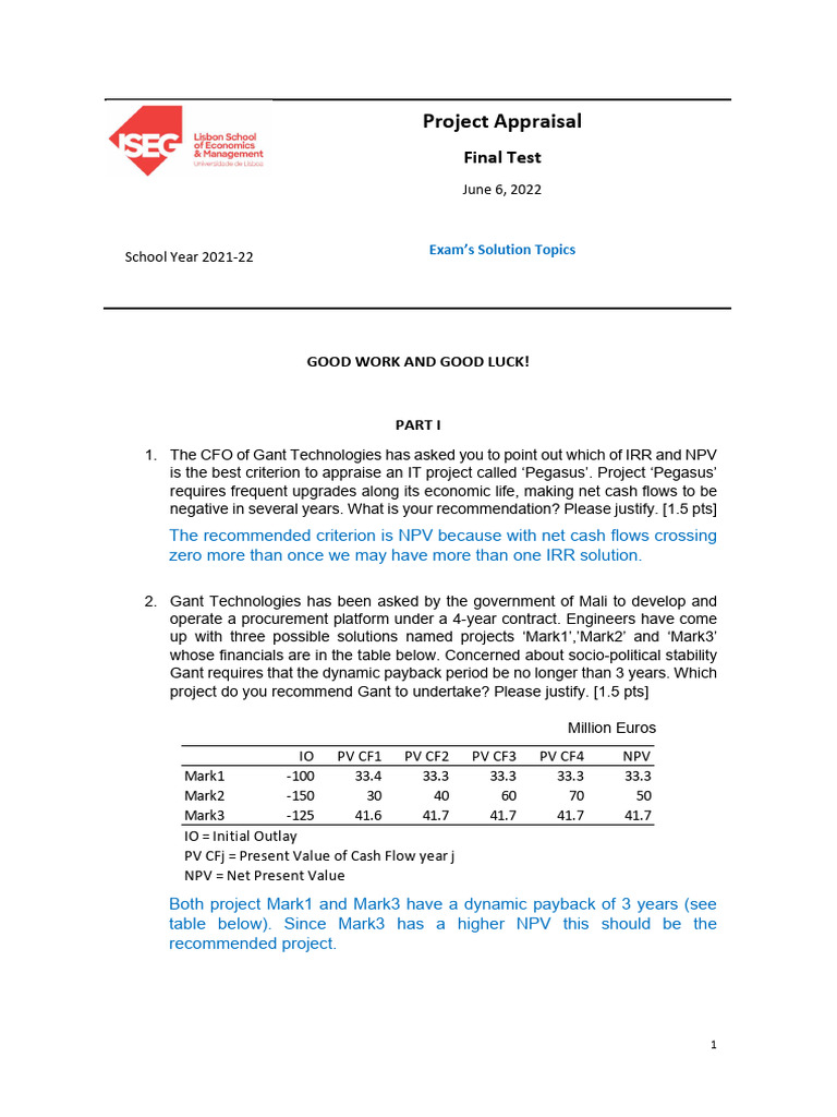 PROJECT APPRAISAL EXAM | PDF