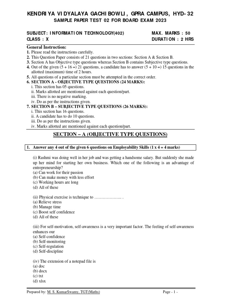 Class X IT Board Exam Sample Paper | PDF
