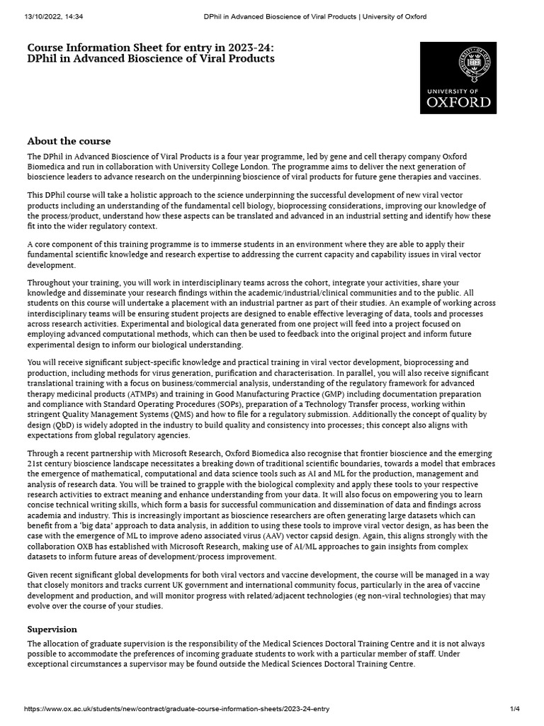 DPhil in Advanced Bioscience of Viral Products 2023-24entry 13oct2022 | PDF