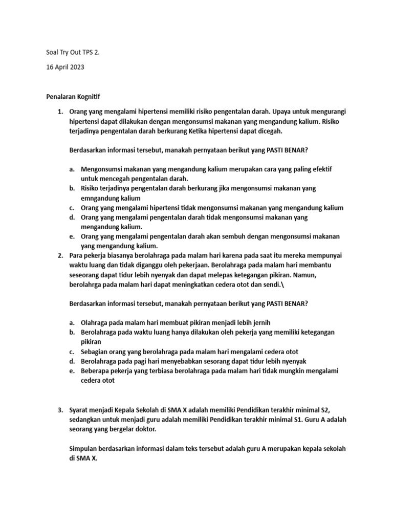 Soal Try Out TPS 2: Penalaran Kognitif | PDF