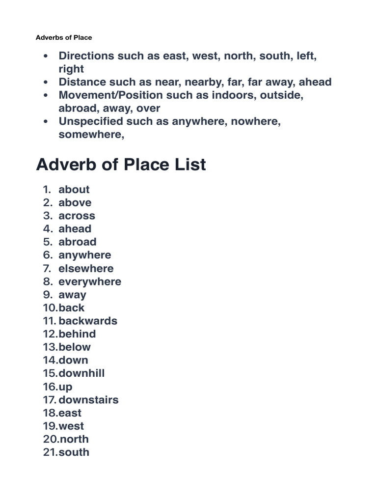 Adverbs of Place: Examples and Exercises | PDF