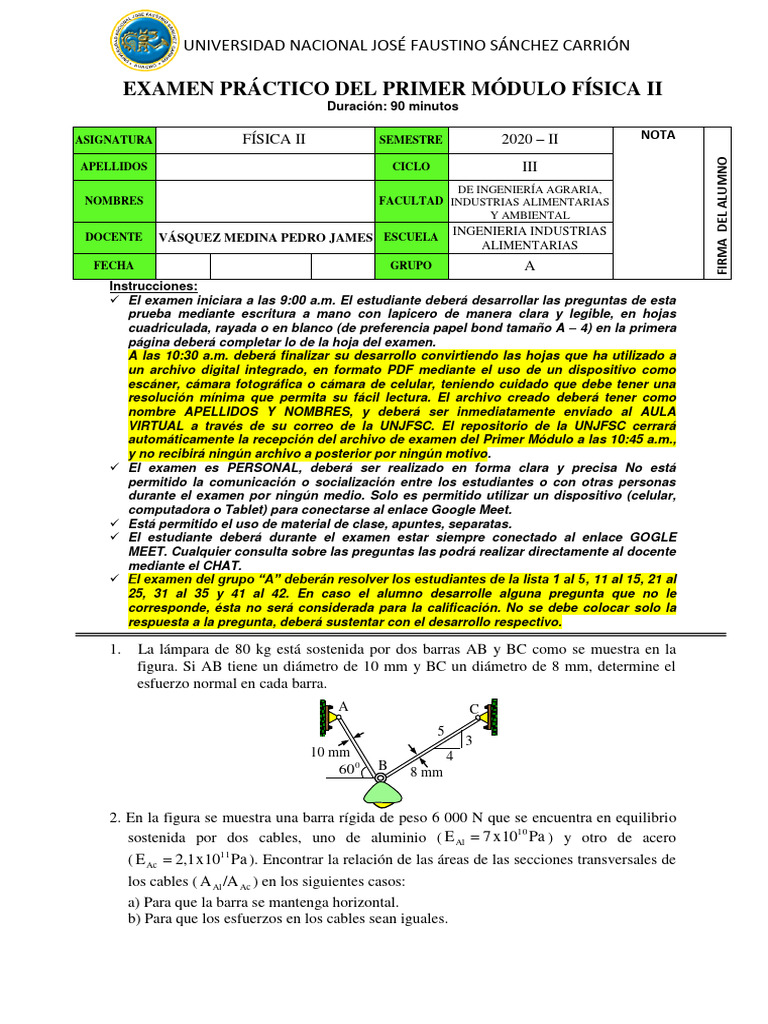 Examen Primer Módulo Física Ii (2020 - Ii) | PDF