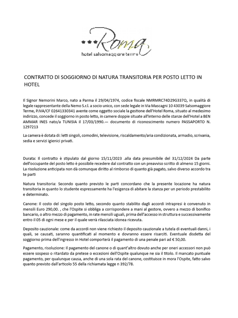 Contratto DL Soggiorno DL Natura Transitoria Per Posto Letto in Hotel | PDF