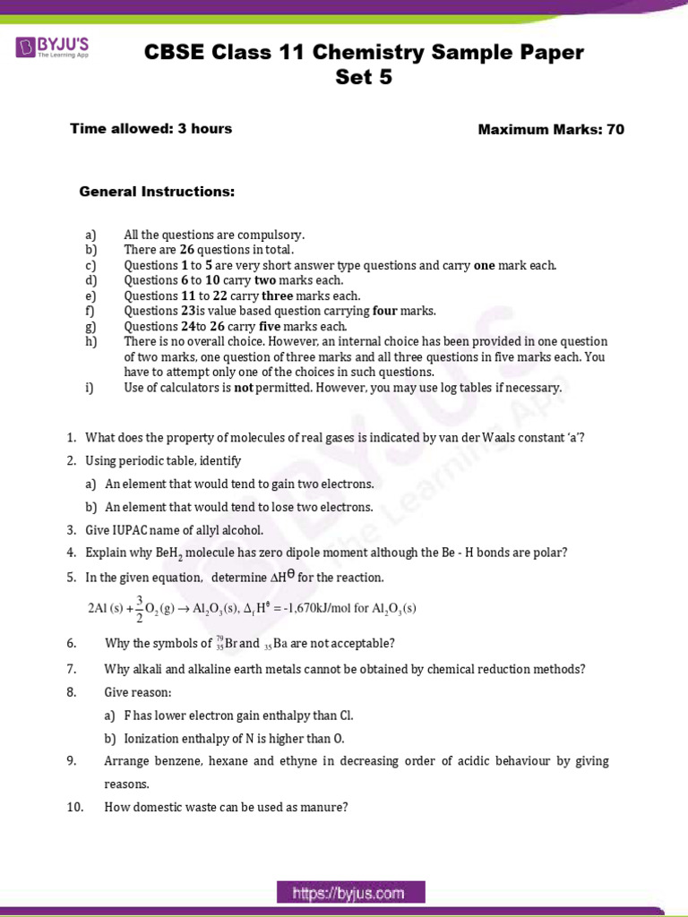 CBSE Class 11 Chemistry Sample Paper Set 5 | PDF