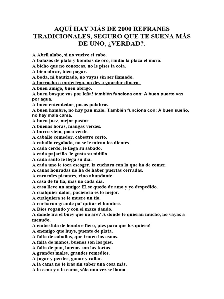 Más de 2000 Refranes Tradicionales | PDF