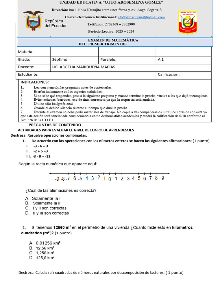 Examen de Matemáticas 7mo Grado 2024 | PDF | Matemáticas
