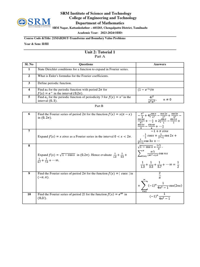 Unit 2 Tut 1-TBVP | PDF | Fourier Series | Function (Mathematics)
