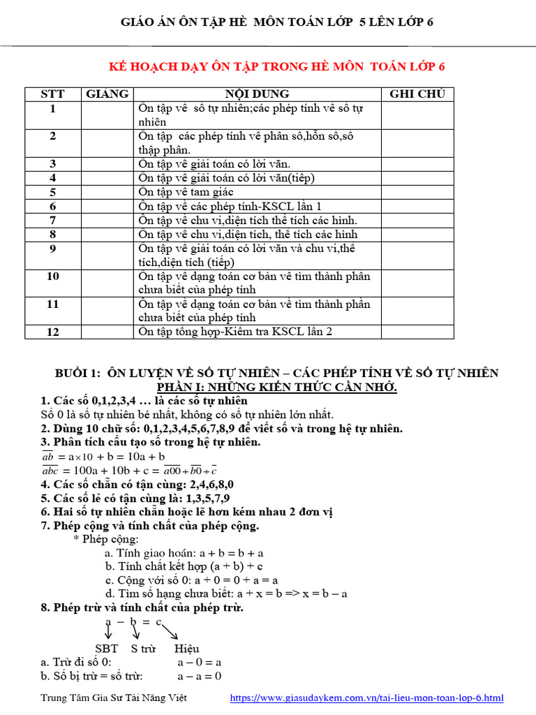 Giao An On Tap He Mon Toan Lop 5 Len Lop 6 On Tap He Mon Toan Lop 5 Len Lop 6 | PDF