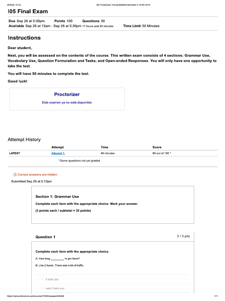 I05 Final Exam - Virtual 202209 Intermedio 5 | PDF