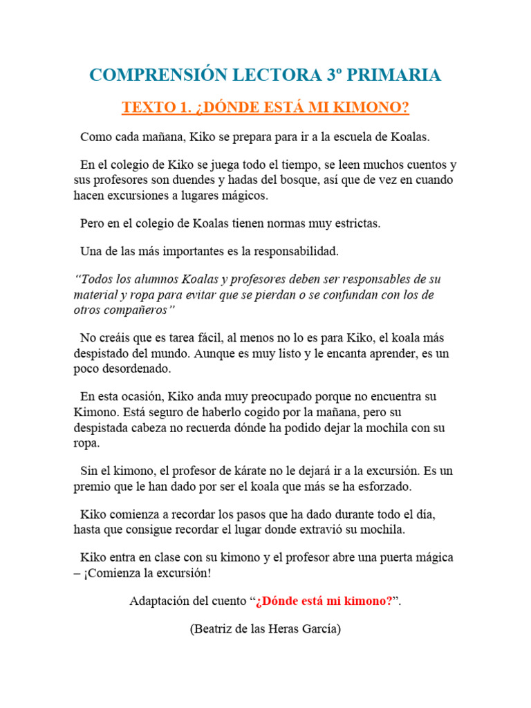 Comprensión Lectora 3º Primaria | PDF