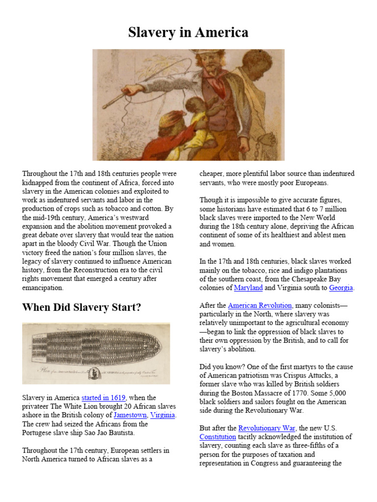 4 - Info Reading Text - The History of Slavery in America (No Prep ...