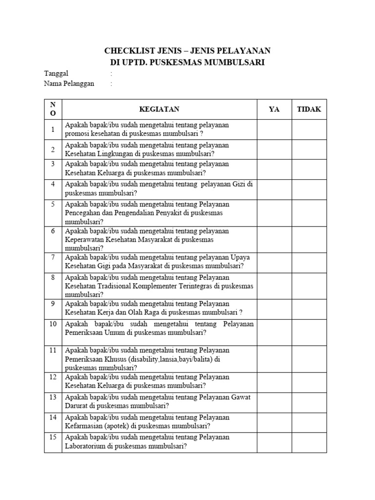1.1.2.C Checklist Jenis-Jenis Pelayanan | PDF