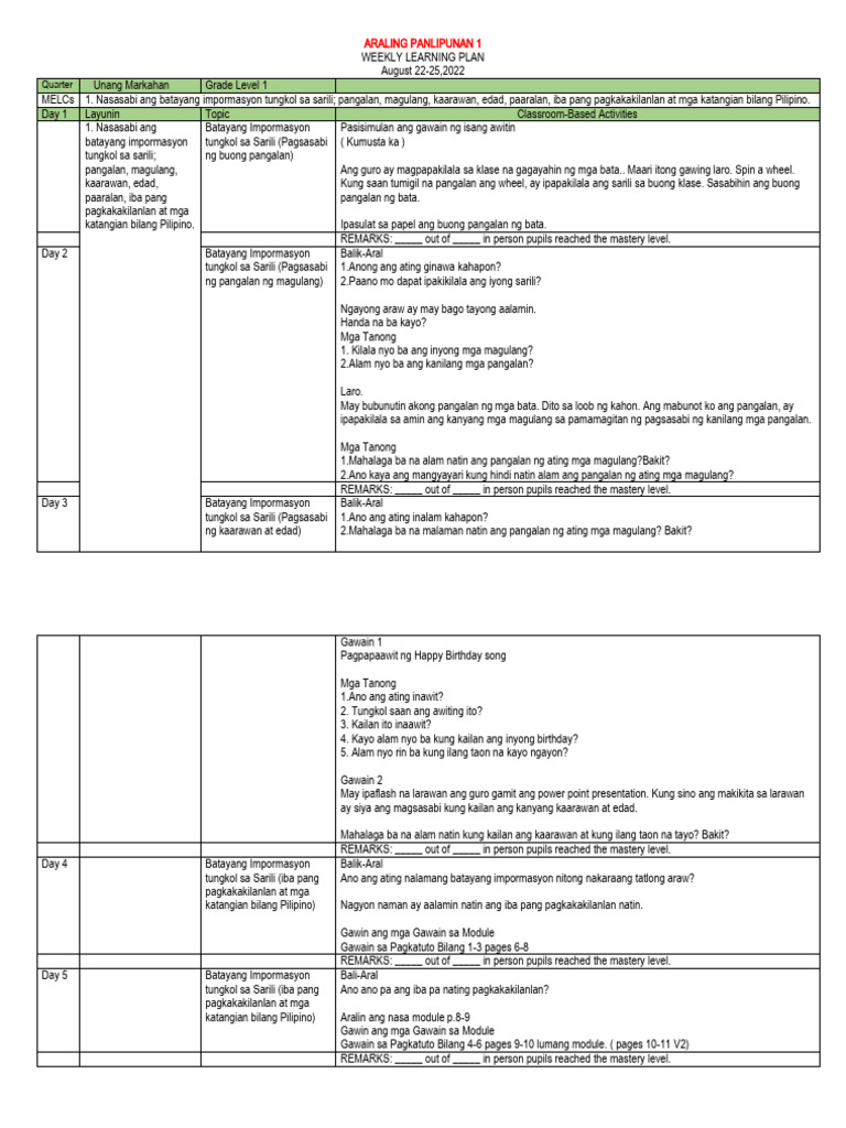 AP w1 Weekly Learning Plan | PDF