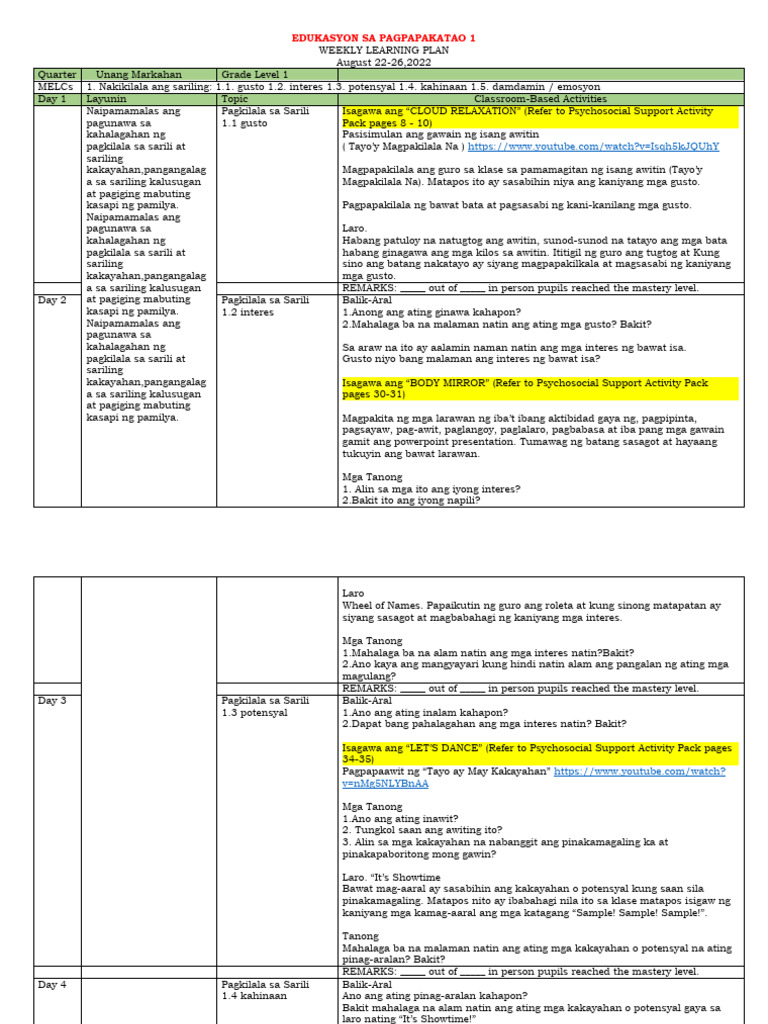 EsP W1 WEEKLY LEARNING PLAN | PDF