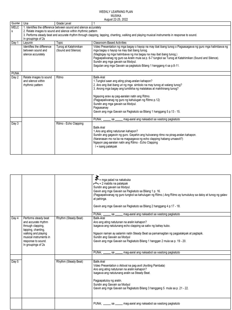 Music W1 Weekly Learning Plan 1 | PDF