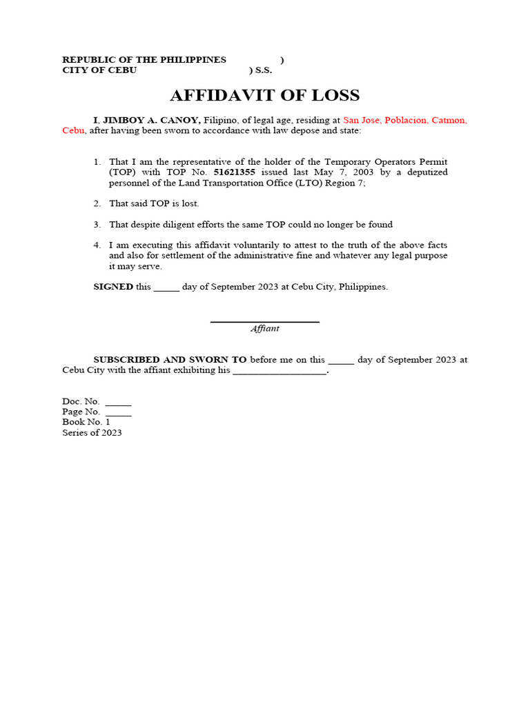 Affidavit of Loss TOP Template | PDF | Politics | Law