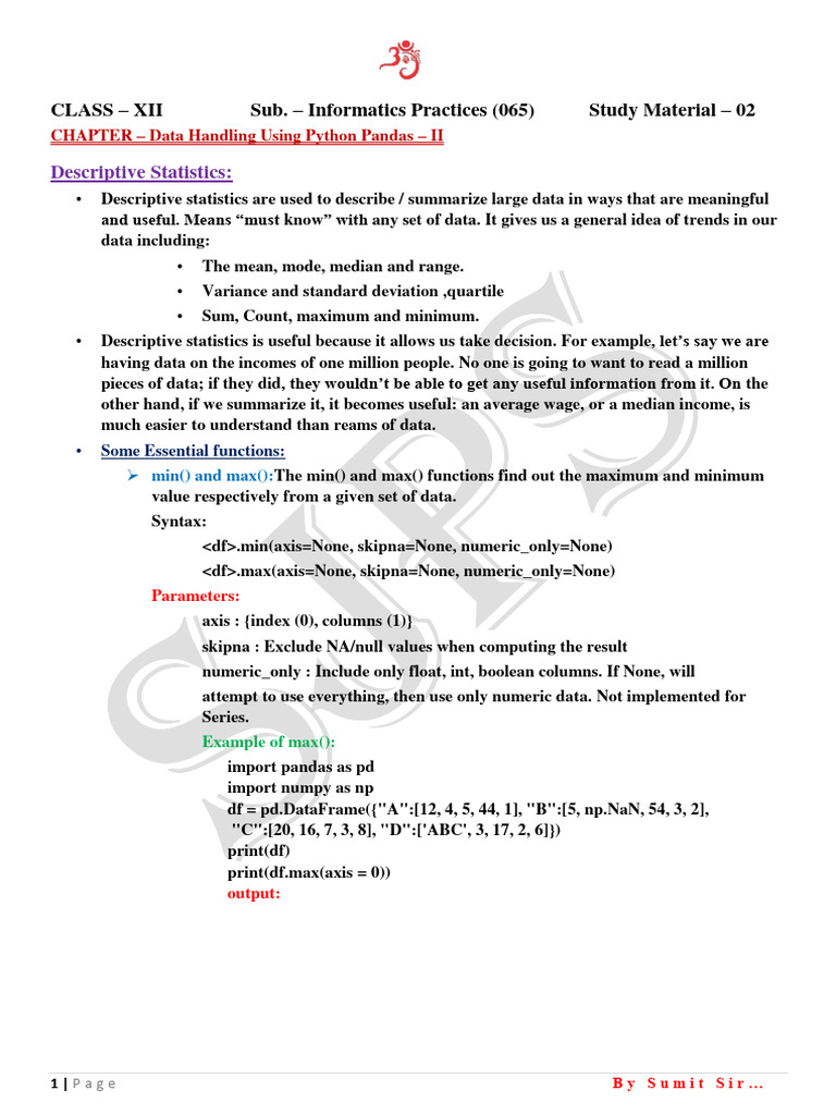 Python Pandas Ii Notes Xii Pdf Quantile Quartile