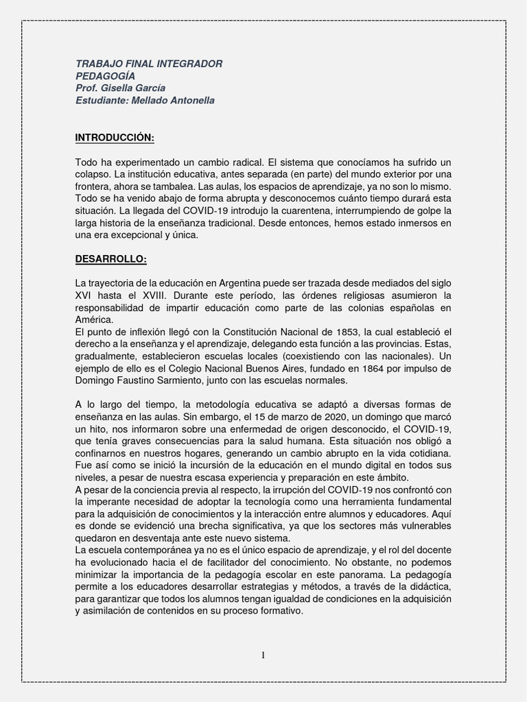 Trabajo Final Integrador Pedagogia | PDF