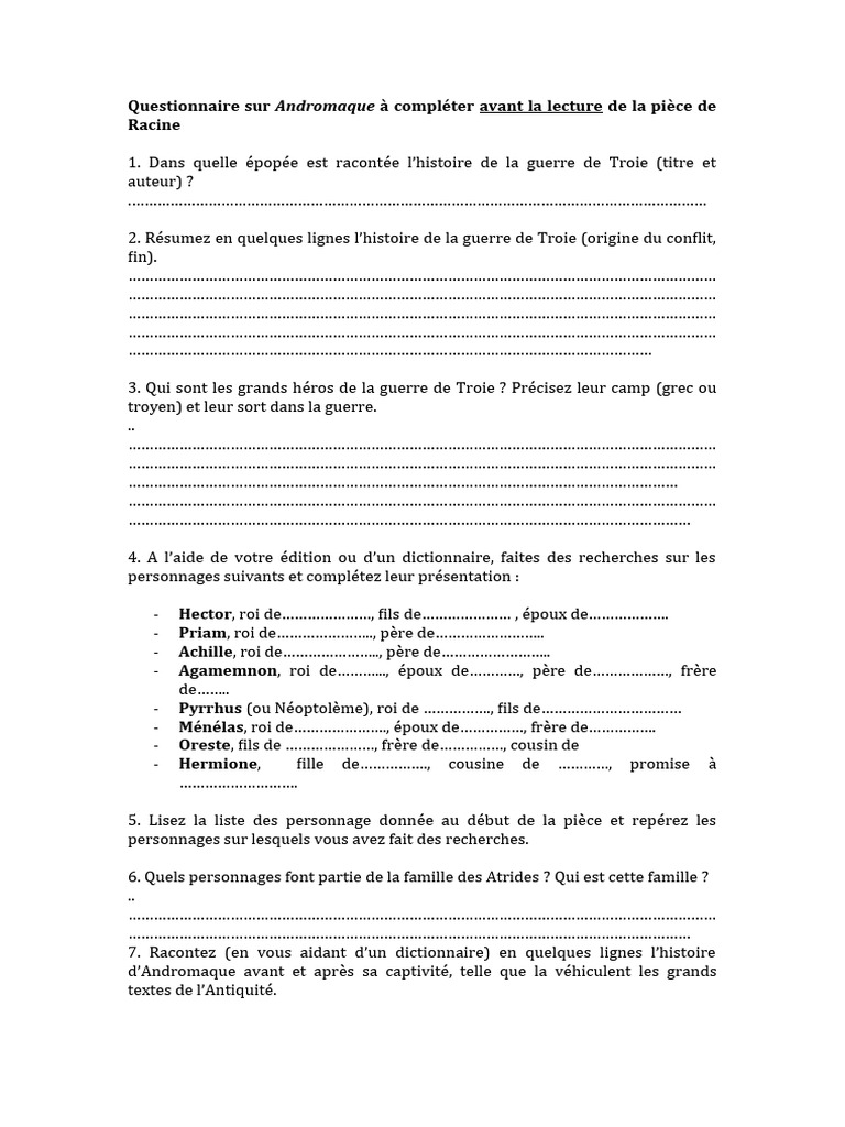 Questionnaire Sur Andromaque | PDF