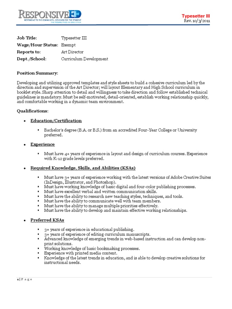 Typesetter III Job Description 10-03-2011 | PDF | Page Layout ...