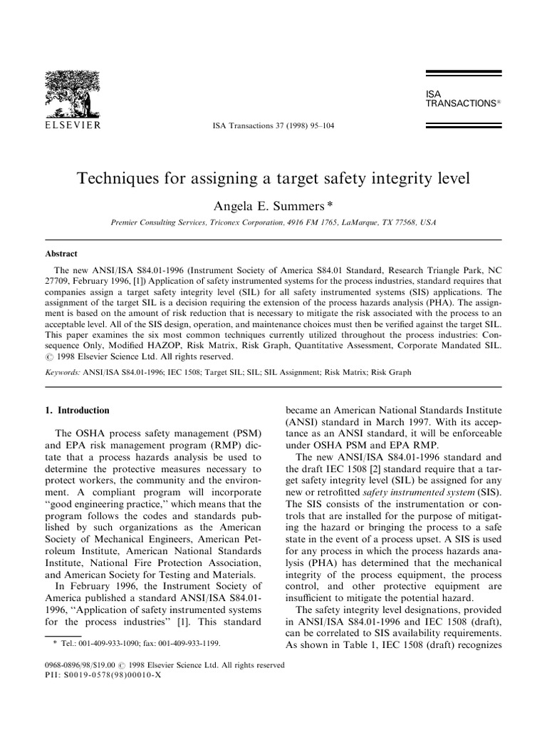 Techniques For Assigning A Target Safety Integrity Level: Angela E ...