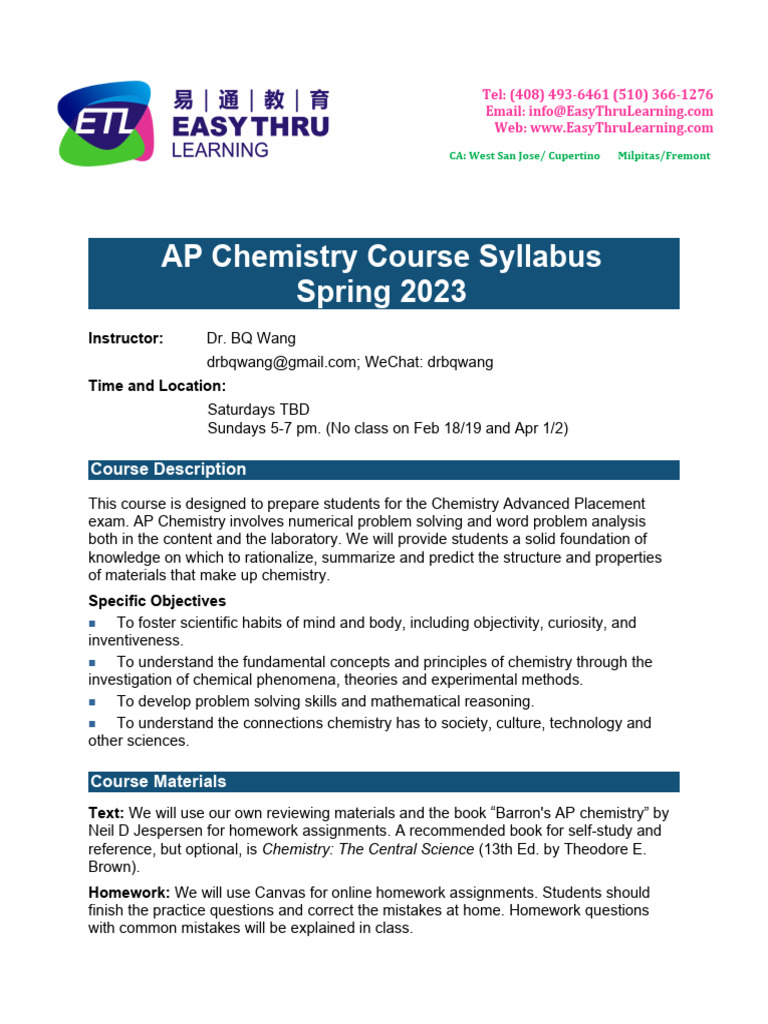 AP Chemistry Course Syllabus 2023 | PDF | Science | Chemistry