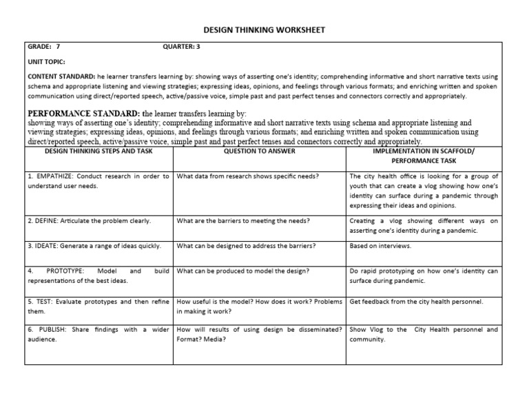 Design Thinking Worksheet for Grade 7 | PDF | Design Thinking | Prototype