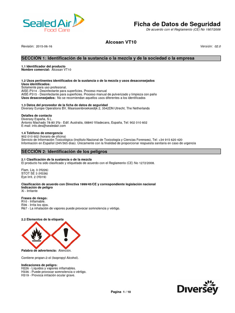 Ficha Técnica Alcosan VT10 Desinfectante | PDF | Agua | Residuos