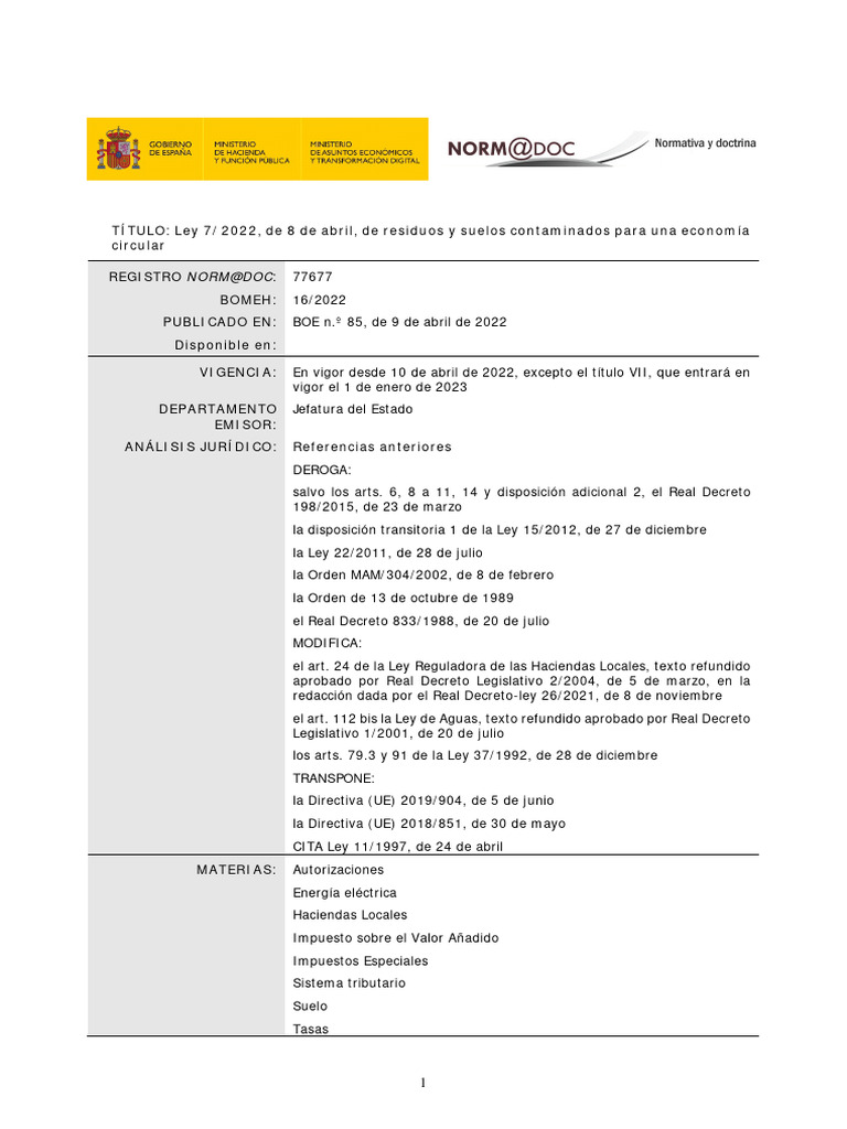 Ley 7 2022 | PDF | Residuos | Reciclaje