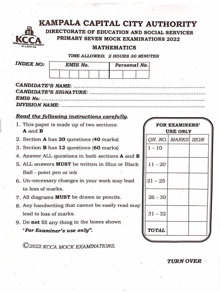 Kcca Mock 2022 All Subjects | PDF