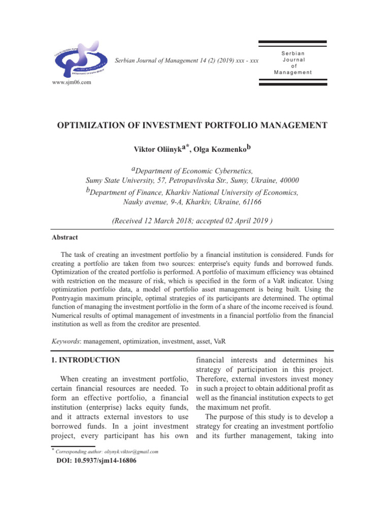 Optimization Of Investment Portfolio Management Pdf