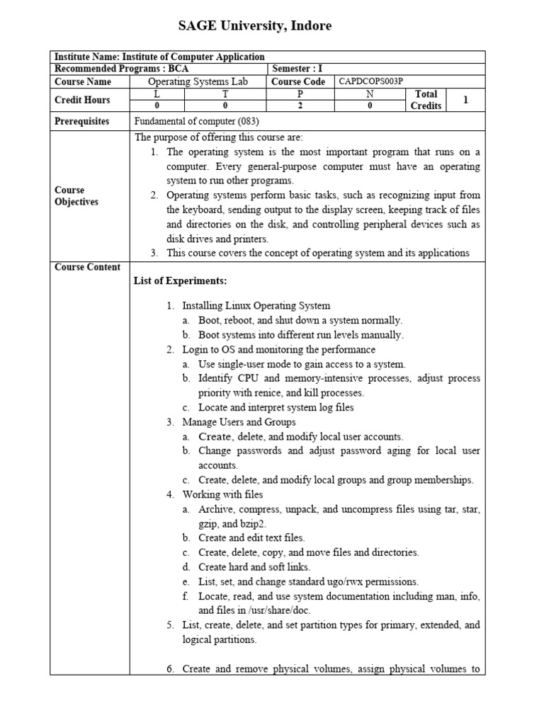 Syllabus OPERATING SYSTEM Sage University | PDF | Art | Computers