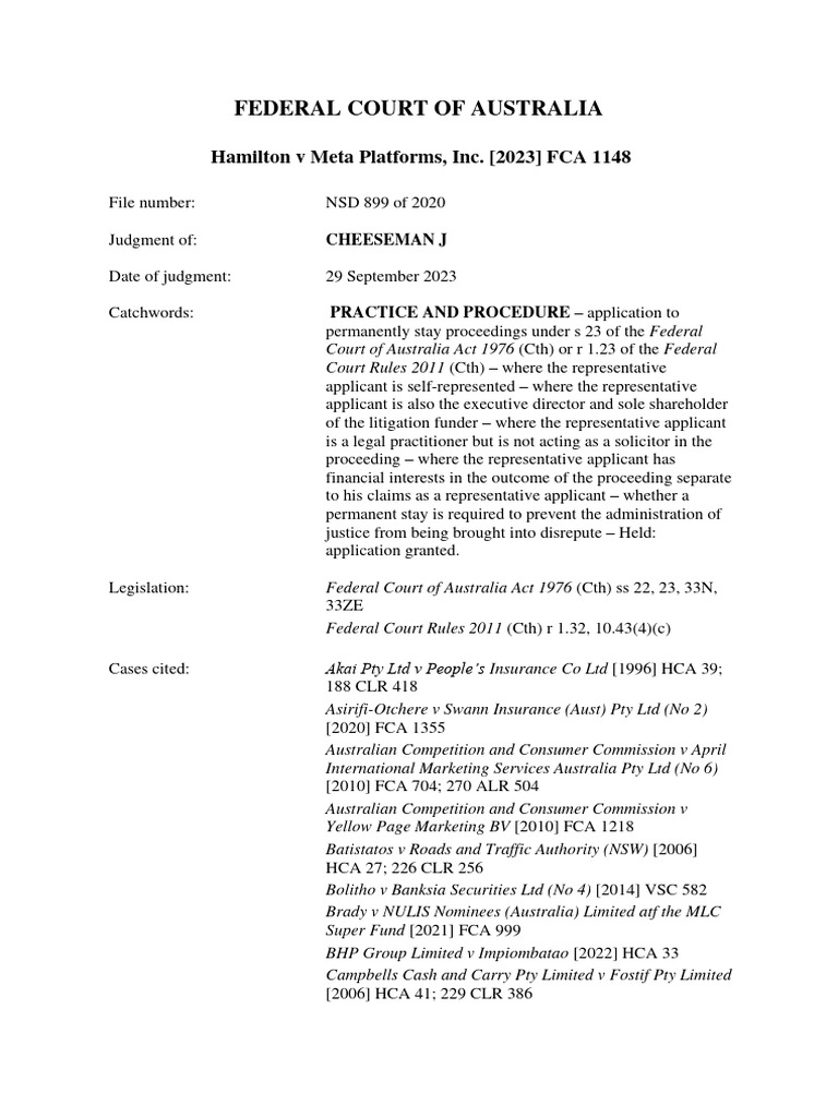 Hamilton V Meta Platforms, Inc. (2023) FCA 1148 | PDF