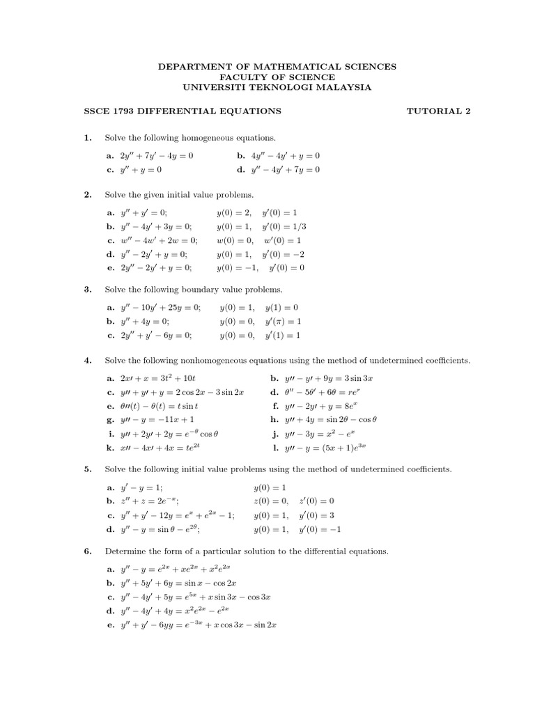 Ssce1793 Tutorial 2 Second Order Eqns Pdf