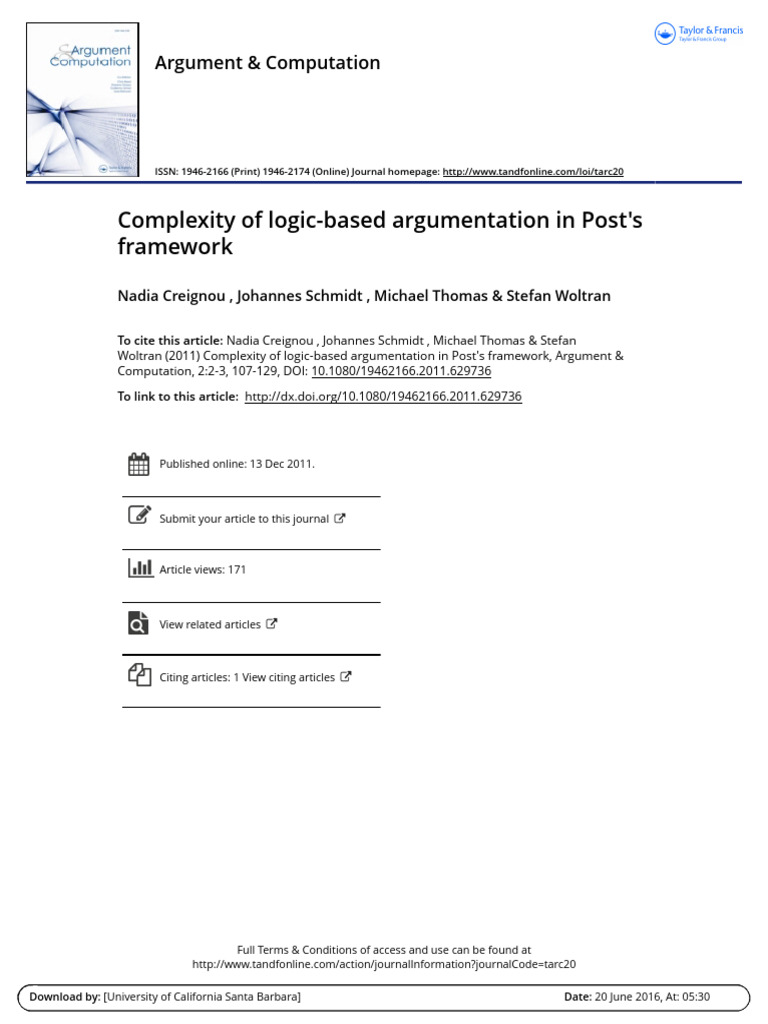 Complexity Of Logic Based Argumentation In Post S Framework Argument And Computation Pdf