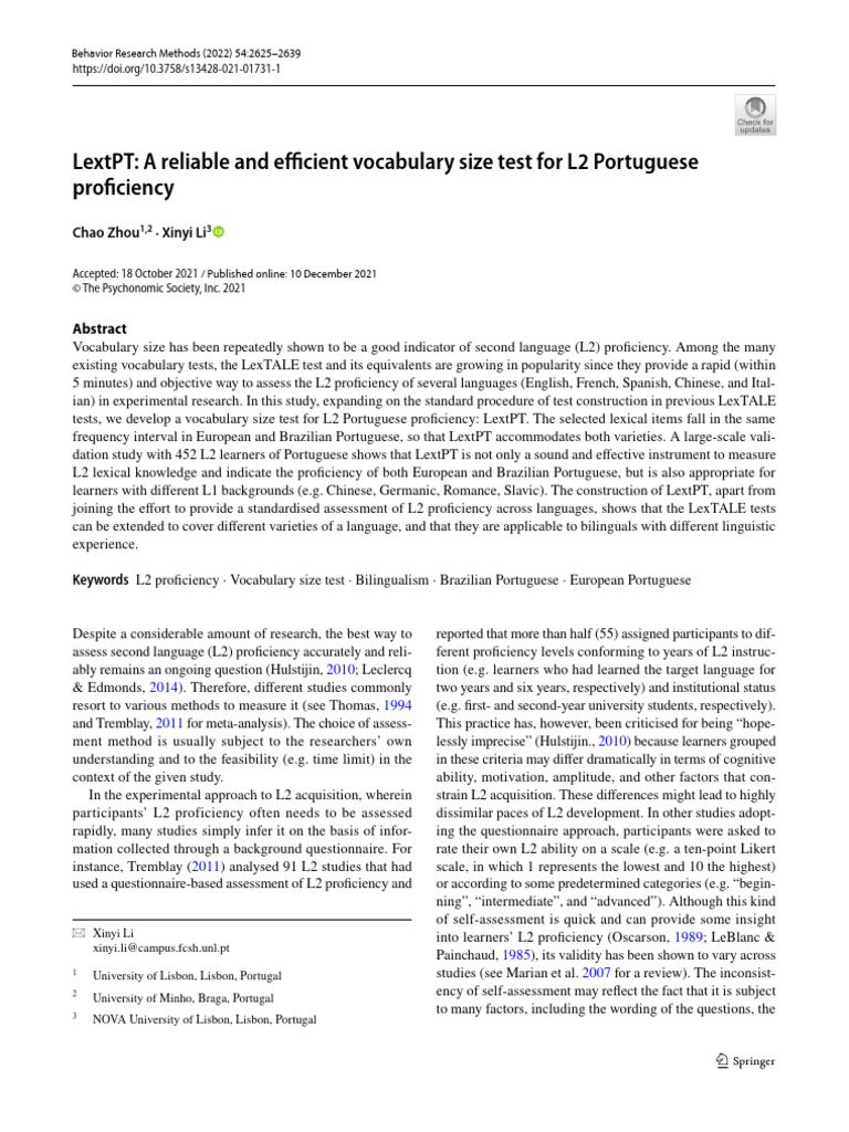 Lextpt: A Reliable and Efficient Vocabulary Size Test For L2 Portuguese ...