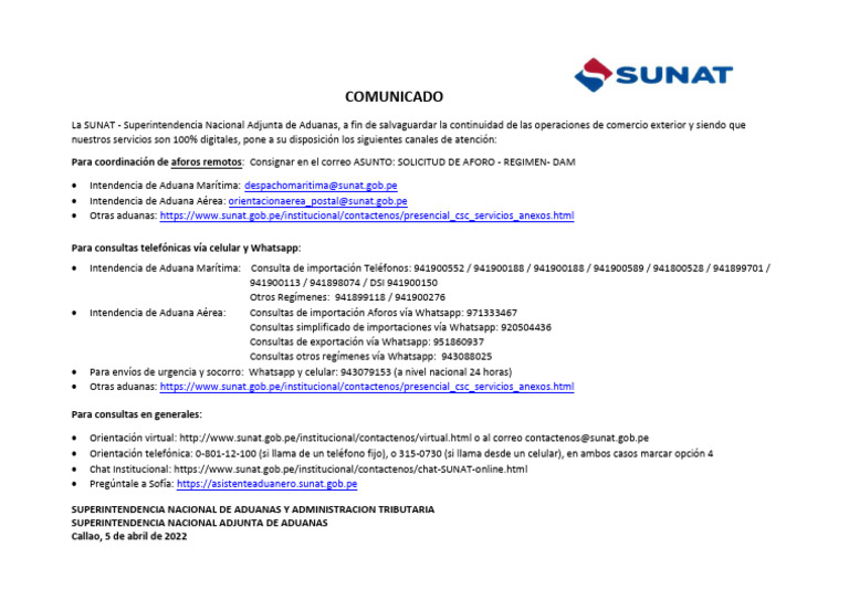Comunicado Sunat - Servicio Aduanas PDF | PDF