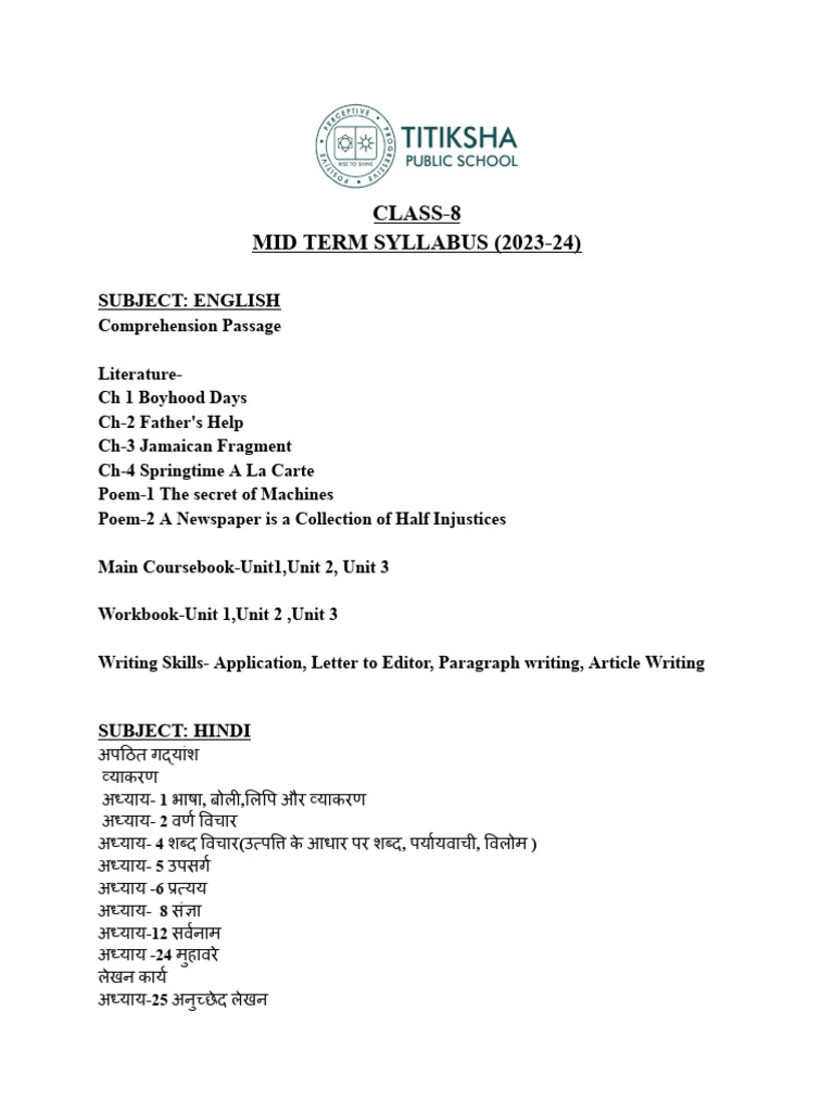 Class 8 Mid Term Syllabus (2023-24) | PDF
