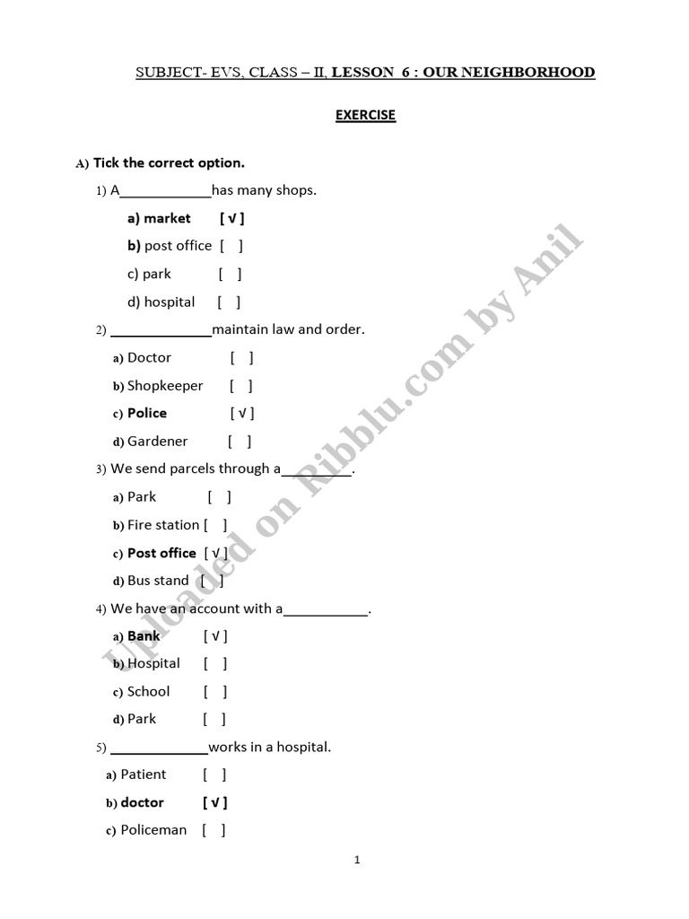Class 2 Evs Our Neighbourhood Worksheet With Answers | PDF