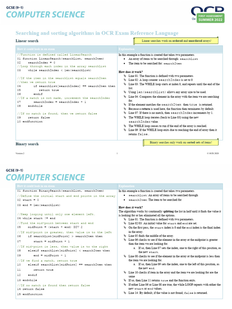Guide To Searching and Sorting Algorithms in Ocr Exam Reference ... Guide To Searching and Sorting Algorithms in Ocr Exam Reference ...