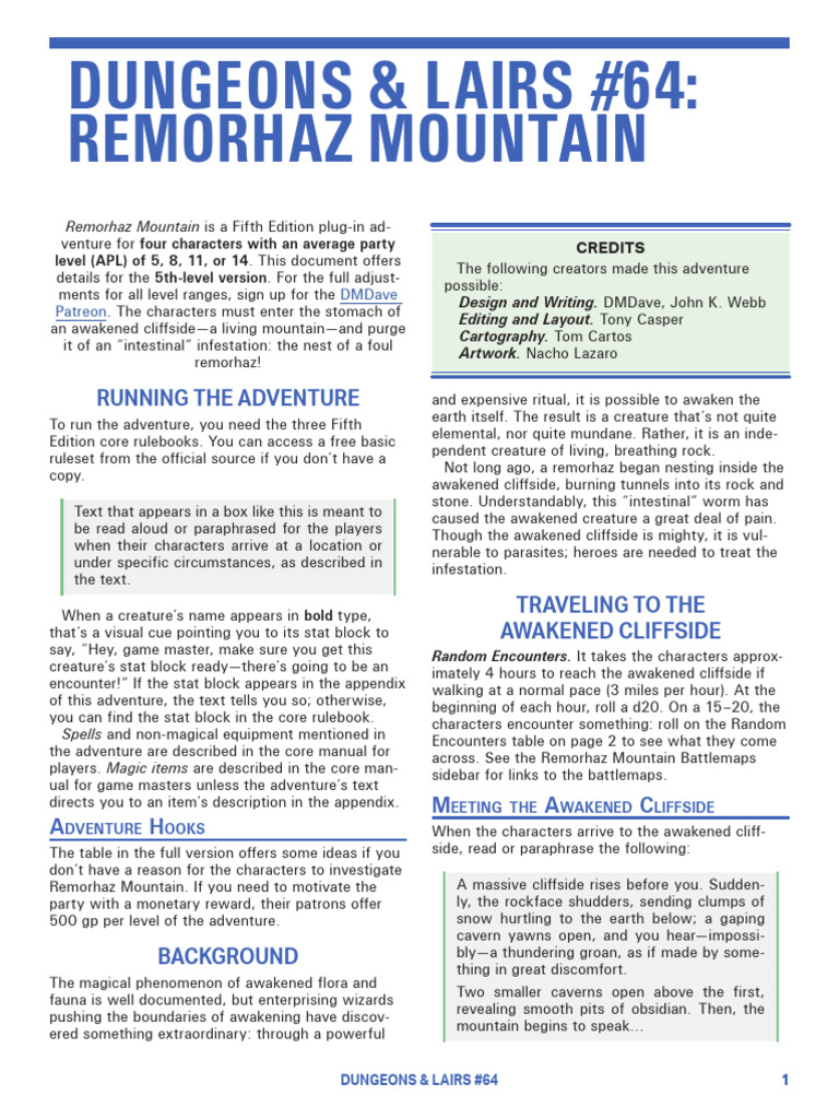 DMDave - Dungeons & Lairs 64 - Remorhaz Mountain - Free Version | PDF