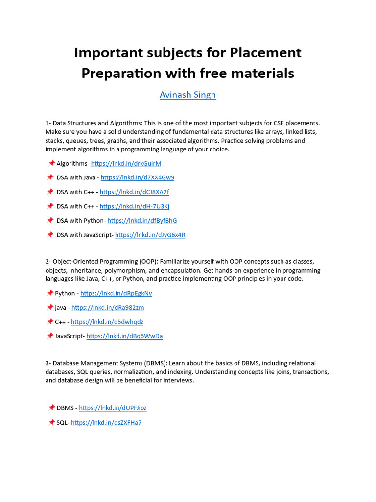 Important Subjects For Placement Preparation With Free Materials | PDF | Databases | Object ...