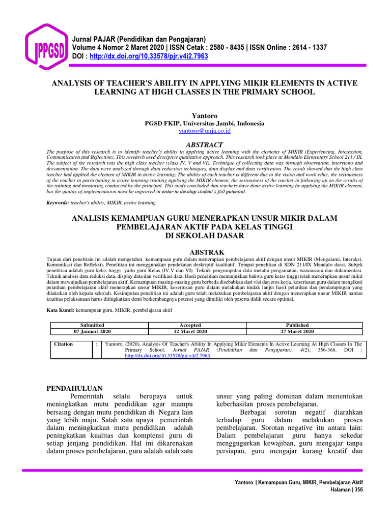 Analisis Kemampuan Guru Menerapkan Unsur Mikir Dalam Pembelajaran Aktif Pada Kelas Tinggi Di ...
