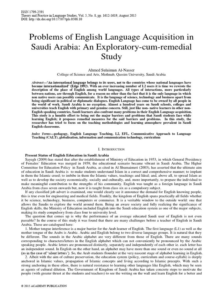 Problems of English Language Acquisition in Saudi Arabia: An ...