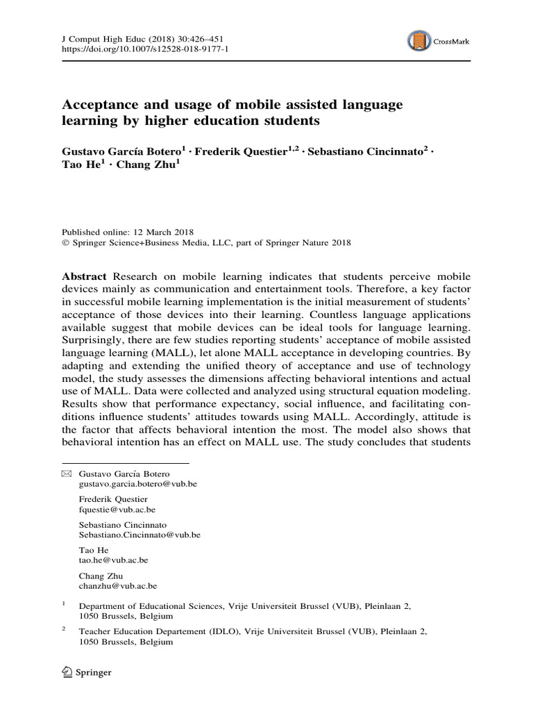Acceptance and Usage of Mobile Assisted Language Learning by Higher ...