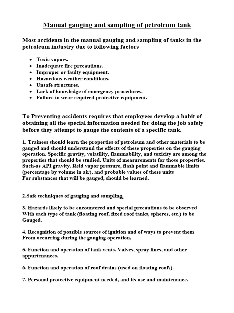 Manual Gauging and Sampling of Petroleum Tank | PDF | Stairs | Petroleum